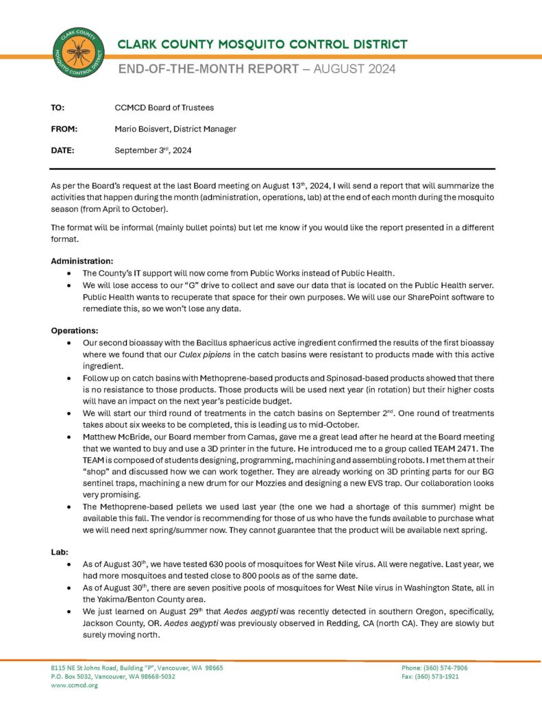 End of Month Report - September 2024 - Clark County Mosquito Control ...